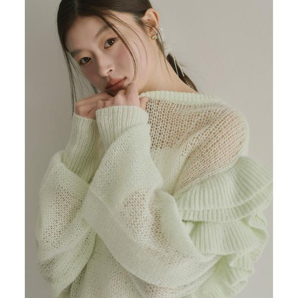 ZOZO問い合わせ番号:90390008ショップ:Olu.，オルドットブランド:Olu.，オルドット商品名:シアーショルダーフリルニットカテゴリ:トップス>ニット/セーターブランド品番:DR25FAC01素材:アクリル62%， ナイロ...