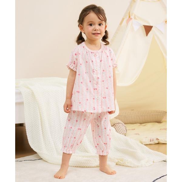 ZOZO問い合わせ番号:91372859ショップ:Combi mini，コンビミニブランド:combimini，コンビミニ商品名:おなか安心ボタン付き半袖前開きガーリーガーゼパジャマ（さくらんぼ）カテゴリ:ルームウェア>ルームウェア/...