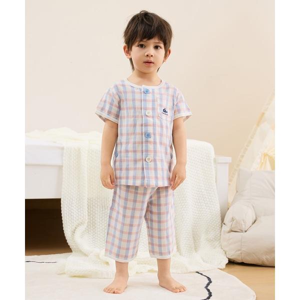 ZOZO問い合わせ番号:91372860ショップ:Combi mini，コンビミニブランド:combimini，コンビミニ商品名:おなか安心ボタン付き半袖前開きガーゼパジャマ（先染めマリンチェック）カテゴリ:ルームウェア>ルームウェア...