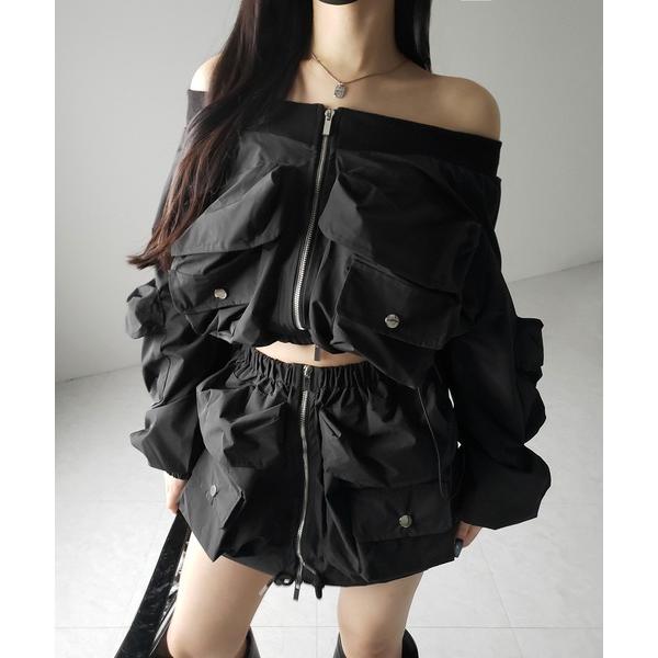 ZOZO問い合わせ番号:91474842ショップ:me+em select，ミームセレクトブランド:me+em select，ミームセレクト商品名:【 セットアップ 】アウトポケットオフショルカーゴブルゾン ＆ ダブルジップカーゴミニスカー...