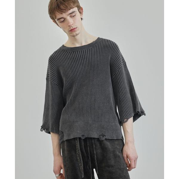 ZOZO問い合わせ番号:91477523ショップ:EMMA CLOTHES，エマ クローズブランド:Ruelle，ルーエル商品名:【Ruelle】Faded Distressed Cropped Short-Sleeve Knit Top ...