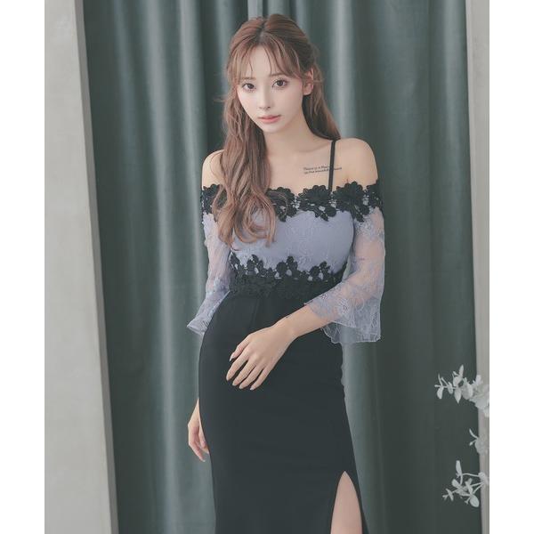 『タイムセール実施中』ZOZO問い合わせ番号:92151711ショップ:Retica，レティカブランド:Tika，ティカ商品名:キャバドレス ロング タイト オフショルダー袖ありフラワー刺繍レースベルスリーブ切り替えスリットストレッチドレス...