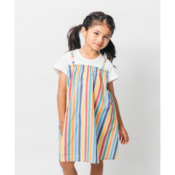 『セール実施中』ZOZO問い合わせ番号:92355172ショップ:こどもの森e-shop，コドモノモリイーショップブランド:moujonjon，ムージョンジョン商品名:レインボーストライプレイヤード風半袖ワンピースカテゴリ:ワンピース/ドレ...