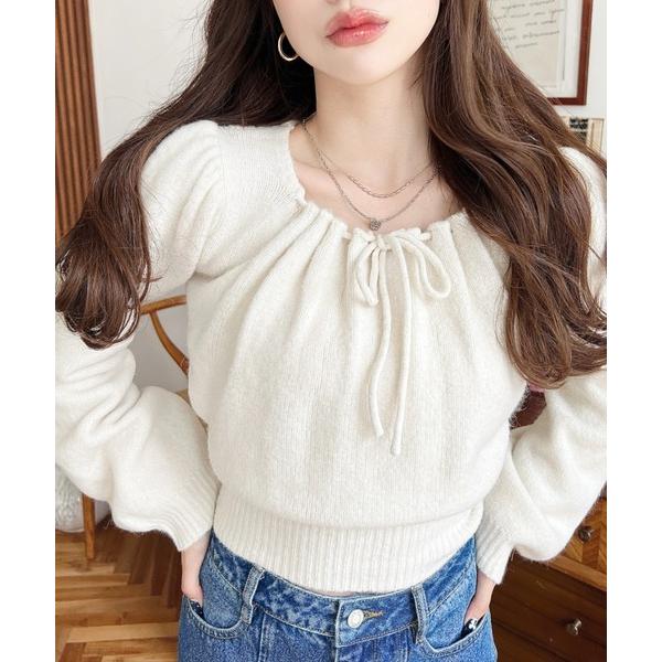 『セール実施中』ZOZO問い合わせ番号:92423631ショップ:moment+，モーメントプラスブランド:moment+，モーメントプラス商品名:ギャザーリボンミックスニットプルオーバーカテゴリ:トップス>ニット/セーターブランド品...