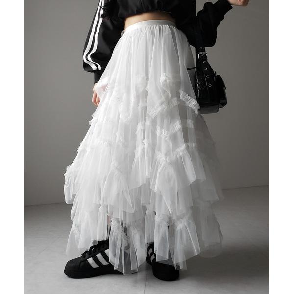 ZOZO問い合わせ番号:92733094ショップ:me+em select，ミームセレクトブランド:me+em select，ミームセレクト商品名:【 ２color 】レイヤードボリュームフリルチュールスカート ／ layered volu...