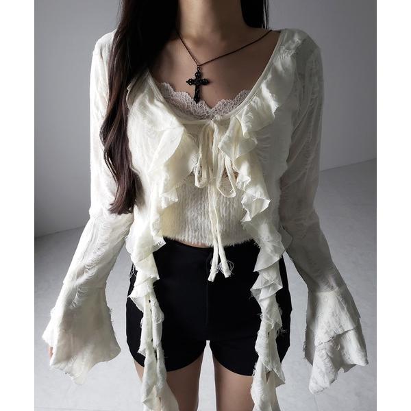 ZOZO問い合わせ番号:92770831ショップ:me+em select，ミームセレクトブランド:me+em select，ミームセレクト商品名:【 ２color 】ダメージフリルショートリボンカーディガン ／ damage frill ...