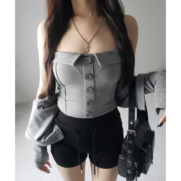 ZOZO問い合わせ番号:92770832ショップ:me+em select，ミームセレクトブランド:me+em select，ミームセレクト商品名:【 2点セット 】フロントボタンベアトップ ＋ クロップドカットソーカーディガン SET ／...