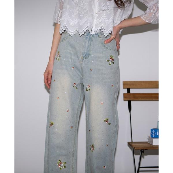 『タイムセール実施中』ZOZO問い合わせ番号:92772750ショップ:me Jane，ミージェーンブランド:pumpkin port，パンプキンポート，meJane，ミージェーン商品名:ジルコン×花刺繍 デニムロングパンツカテゴリ:パンツ...