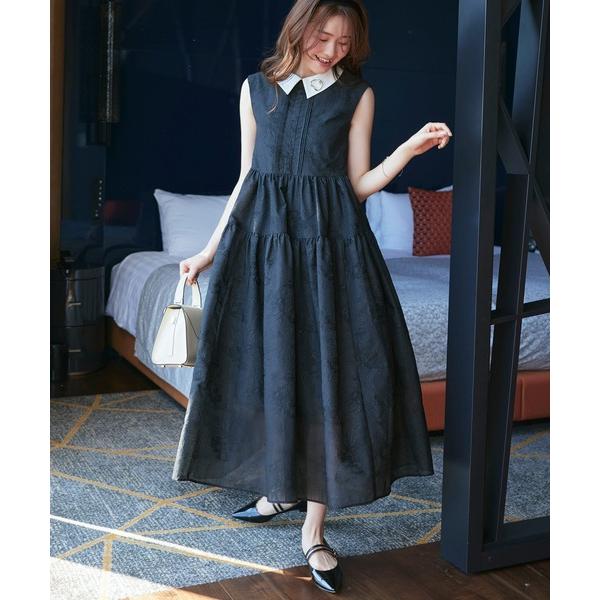 ZOZO問い合わせ番号:93011068ショップ:RUIRUE BOUTIQUE，ルイルエブティックブランド:RUIRUE BOUTIQUE，ルイルエブティック商品名:洗える 2WAY ｜ 襟付き シアー ジャカード ギャザー フレア ワン...