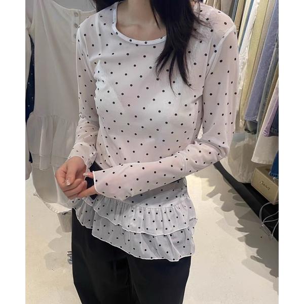 ZOZO問い合わせ番号:93419089ショップ:CERCA，チェルカブランド:MEMECLE，メメクル商品名:【 MEMECLE / メメクル 】シースルースキン ドットフリルトップスカテゴリ:トップス>Tシャツ/カットソーブランド...