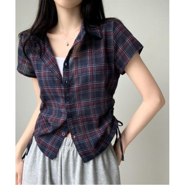 ZOZO問い合わせ番号:93617660ショップ:gossip！ロサンゼルス，ゴシップロサンゼルスブランド:gossip！ロサンゼルス，ゴシップロサンゼルス商品名:Y2K  レトロ チェック ストリング  サイドシャーリング 半袖シャツ  ...