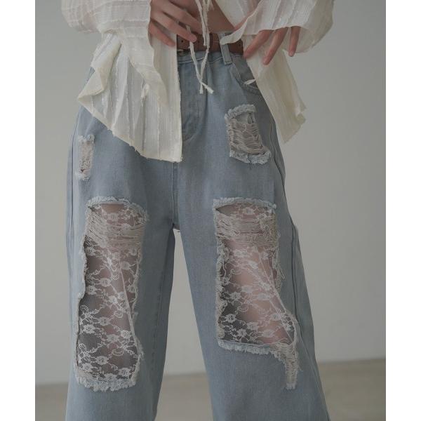 『セール実施中』ZOZO問い合わせ番号:93761515ショップ:Auntie Rosa，アンティローザブランド:Clum，クルム商品名:Lace repaired damaged wide straight denim pants / レ...