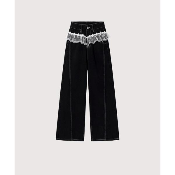 ZOZO問い合わせ番号:93995109ショップ:P L U M STORE，プラム ストアブランド:LA POMME petit，ラポミ・プチ商品名:Lace Piping Wide Denim Pantsカテゴリ:パンツ>デニムパ...