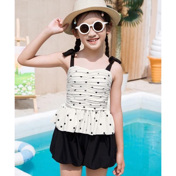 『タイムセール実施中』※このアイテムは返品・交換対象外商品です。ZOZO問い合わせ番号:94297532ショップ:TeddyShop，テディショップブランド:TeddyShop，テディショップ商品名:キッズ水着 肩リボンのドット柄ペプラムト...