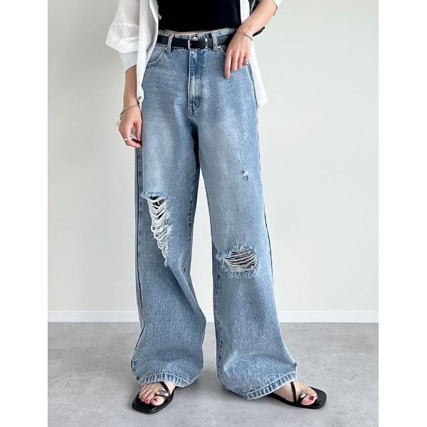 『セール実施中』ZOZO問い合わせ番号:94334760ショップ:Re:EDIT，リエディブランド:Re:EDIT，リエディ商品名:[低身長/高身長サイズ有]ワイドストレートアシンメトリーダメージデニムパンツカテゴリ:パンツ>デニムパ...