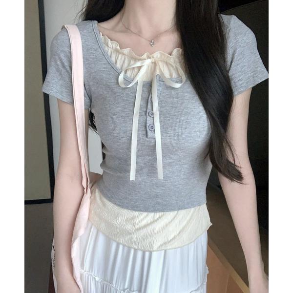 『セール実施中』ZOZO問い合わせ番号:94561157ショップ:VIBGYOR，ヴィブジョーブランド:VIBGYOR，ヴィブジョー商品名:ヘンリーネック リボンデザイン レイヤードTシャツ(CZ)カテゴリ:トップス>Tシャツ/カット...