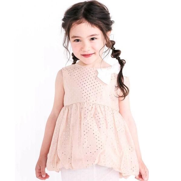 『セール実施中』ZOZO問い合わせ番号:95022704ショップ:BEBE ONLINE STORE，ベベ オンラインストアブランド:SLAP SLIP，スラップスリップ商品名:キラキラ箔プリントリボン付きバルーンオーガンジーブラウス(80...