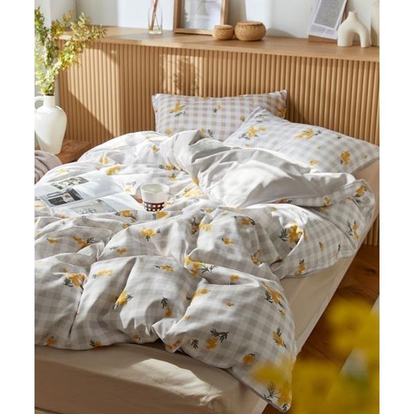 ZOZO問い合わせ番号:95579549ショップ:nissen，ニッセンブランド:COCOPLATZ interior，ココプラッツインテリア商品名:布団カバーセット ギンガムチェック×ミモザ柄  2点セット｜シングル 【furry dou...