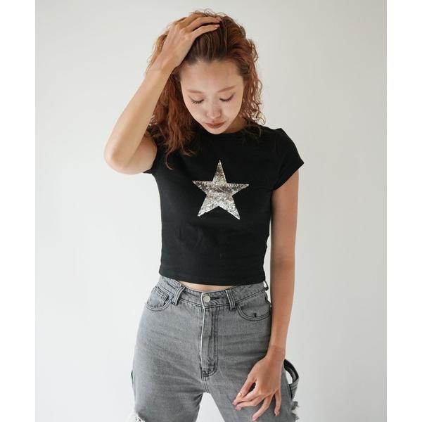 ZOZO問い合わせ番号:95646246ショップ:Port，ポートブランド:Jelly moo，ジェリームー商品名:【 Jelly moo / ジェリームー 】 スパンコール スター クロップド Tシャツ / チビTシャツカテゴリ:トップス...