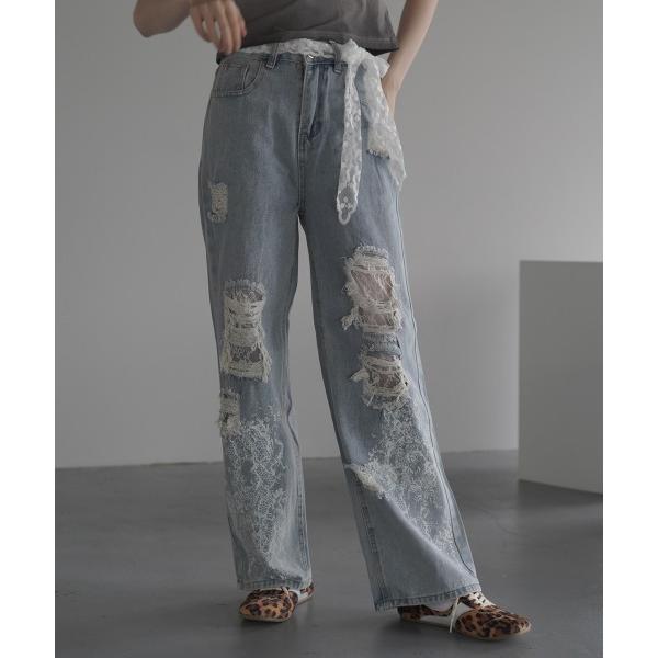 『セール実施中』ZOZO問い合わせ番号:95716387ショップ:Auntie Rosa，アンティローザブランド:Clum，クルム商品名:Lace repaired damaged wide straight denim pants / レ...