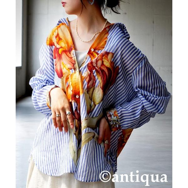 ZOZO問い合わせ番号:95843170ショップ:antiqua，アンティカブランド:antiqua，アンティカ商品名:花柄ストライプシャツカテゴリ:トップス>シャツ/ブラウスブランド品番:IYA-00118素材:綿100%原産国:I...
