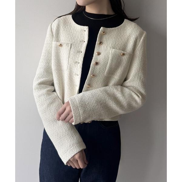 『タイムセール実施中』ZOZO問い合わせ番号:96105295ショップ:JUNOAH，ジュノアブランド:mipiarl，ミピアール商品名:金釦ツイードノーカラーショートジャケットカテゴリ:ジャケット/アウター>ノーカラージャケットブラ...