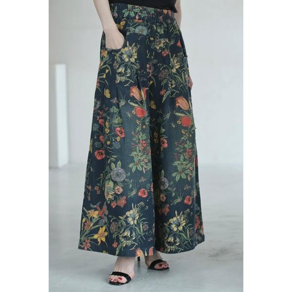 ZOZO問い合わせ番号:96300508ショップ:FRENCH PAVE，フレンチパヴェブランド:CAWAII，カワイイ商品名:四季を彩る花画デニムワイドパンツカテゴリ:パンツ>デニムパンツブランド品番:w61331ps素材:綿42%...