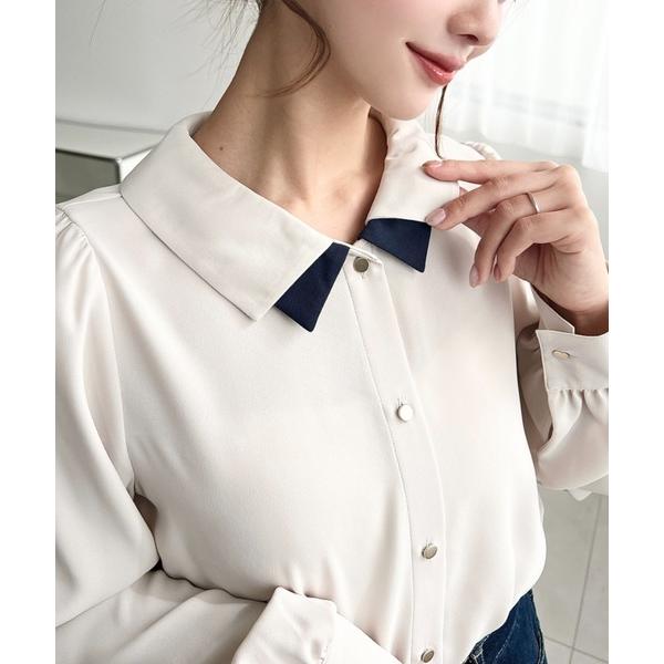 『タイムセール実施中』ZOZO問い合わせ番号:96599999ショップ:moment+，モーメントプラスブランド:moment+，モーメントプラス商品名:シフォンジョーゼット配色ダブルカラー長袖ブラウスカテゴリ:トップス>シャツ/ブラ...