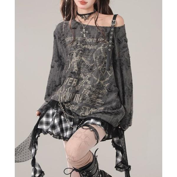 『セール実施中』ZOZO問い合わせ番号:97028607ショップ:Teem Store，チームストアブランド:lilful，リルフル商品名:オーバーサイズ ダメージプリントワンショルシアーニットソーカテゴリ:トップス>その他トップスブ...