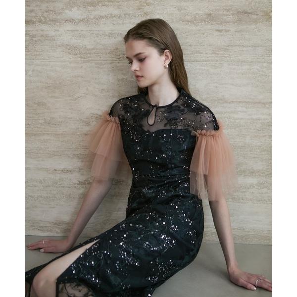 『セール実施中』ZOZO問い合わせ番号:97323796ショップ:Leja，レジャブランド:Leja，レジャ商品名:【LEJA】フラワースパンコールチュールスリーブIラインドレスワンピース美脚効果結婚式 パーティードレス 成人式 二次会 同...