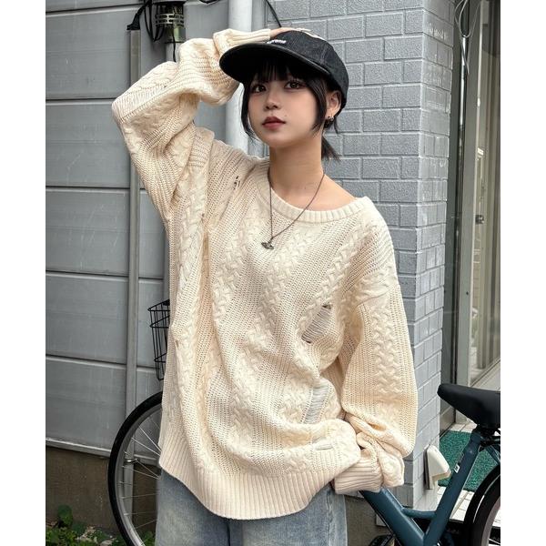 『タイムセール実施中』ZOZO問い合わせ番号:97324691ショップ:Auntie Rosa，アンティローザブランド:MandO（Auntie Rosa），エムオー商品名:オーバーサイズダメージケーブルニットカテゴリ:トップス>ニッ...