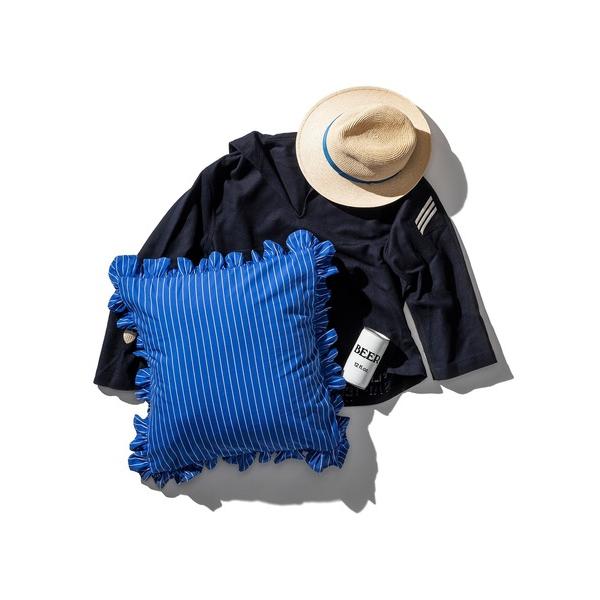 ZOZO問い合わせ番号:97422347ショップ:PUEBCO，プエブコブランド:PUEBCO，プエブコ商品名:SHIRT FABRIC RUFFLE CUSHION COVER Blue Stripeカテゴリ:インテリア>クッション...