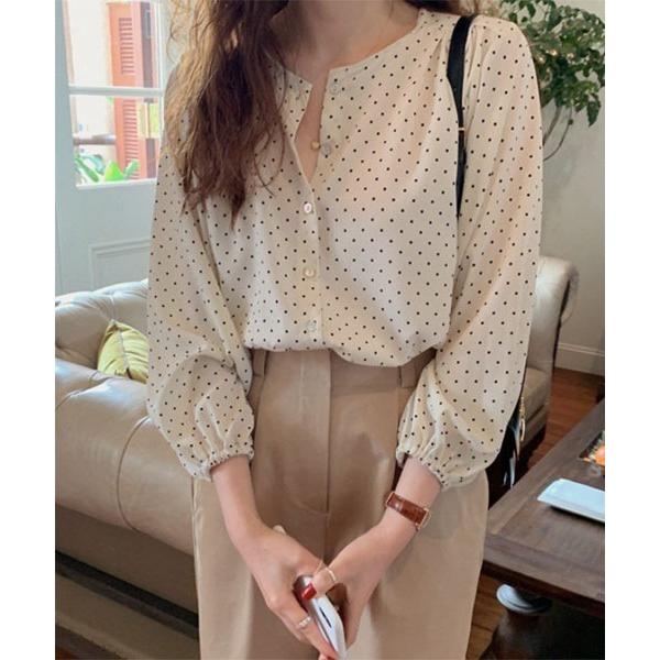 ZOZO問い合わせ番号:97498258ショップ:TONE，トーンブランド:i-dare，アイディア，TONE SELECT WEAR，トーンセレクトウェア商品名:【i-dare】ドット柄 ノーカラー ラウンドネック 長袖 ブラウスカテゴリ...