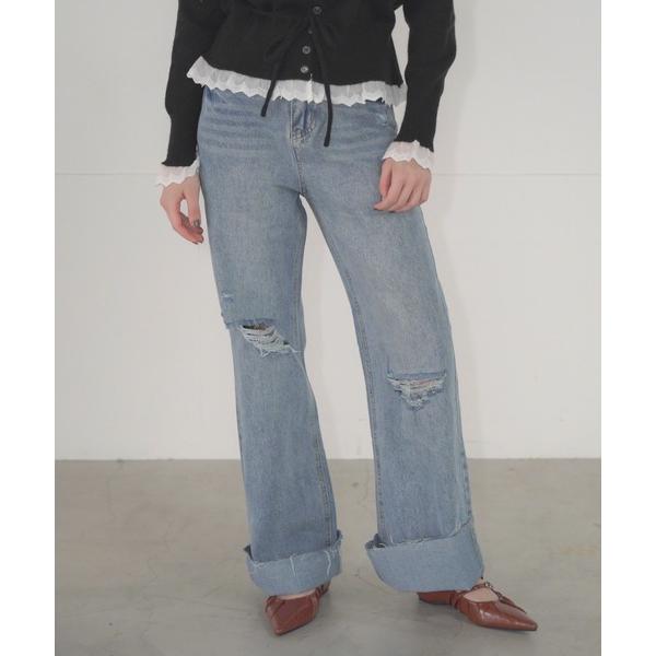 『タイムセール実施中』ZOZO問い合わせ番号:97531000ショップ:Ada.，エイダブランド:Mirette，ミレット商品名:ロールアップクラッシュデニムパンツ ハイウエスト ワイドストレート / Rolled-Up Crashed D...