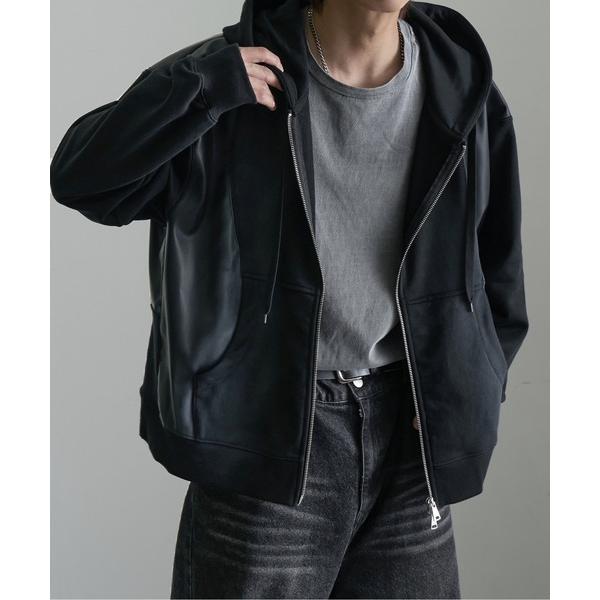 ZOZO問い合わせ番号:97563621ショップ:Art re A，アトリエブランド:welise，ウェライズ商品名:【welise/ウェライズ】PUレザー×スウェット ダブルヴィンテージ加工 リメイクライクショートジップアップパーカーカテ...