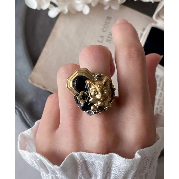 ZOZO問い合わせ番号:97667308ショップ:TONE，トーンブランド:tone，トーン商品名:【mallelabrocante/マルラブロカント】サージカルステンレス　天然石と真鍮ネコ×ヴィンテージカボションのコラージュリング/金属ア...