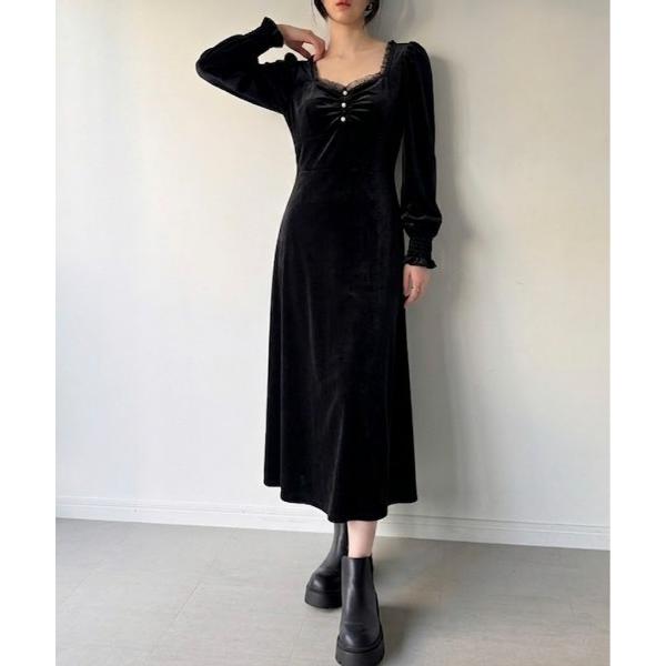 『セール実施中』ZOZO問い合わせ番号:97702719ショップ:Teem Store，チームストアブランド:Maison Calme，メゾンカルム商品名:スクエアネックボタンベロアロングスリット入りフレアワンピース 結婚式　パーティー デ...