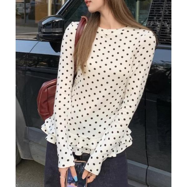 『セール実施中』ZOZO問い合わせ番号:97962006ショップ:Teem Store，チームストアブランド:shyam inspiration，シャムインスピレーション商品名:ドット柄 フリルタイトロングTシャツ/ロンT/長袖カテゴリ:ト...