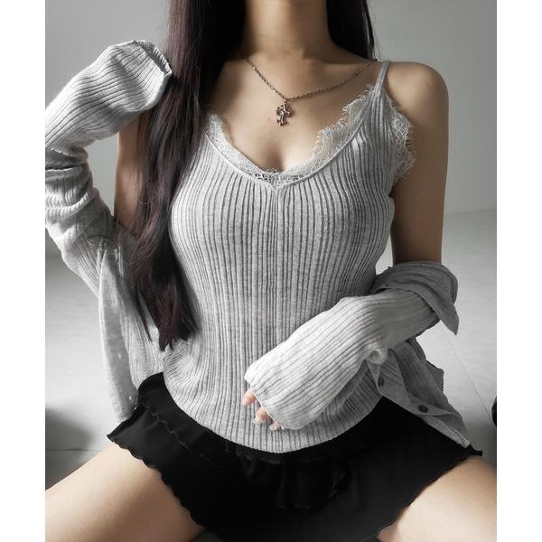 ZOZO問い合わせ番号:98066973ショップ:me+em select，ミームセレクトブランド:me+em select，ミームセレクト商品名:【 ２点セット 】レースニットキャミソール ＋ シアーニットカーディガン SET ／ lac...