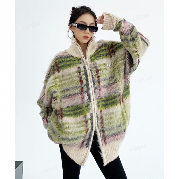 『タイムセール実施中』ZOZO問い合わせ番号:98339750ショップ:Dalfwin，ダールフィンブランド:Dalfwin，ダールフィン商品名:韓国ファッション モヘア調チェックダブルジップアップニットカテゴリ:トップス>ニット/セ...