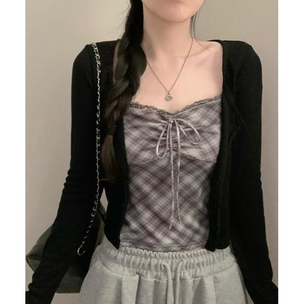 ZOZO問い合わせ番号:98714411ショップ:gossip！ロサンゼルス，ゴシップロサンゼルスブランド:gossip！ロサンゼルス，ゴシップロサンゼルス商品名:Y2K レースリボンチェックキャミソール＆カーディガンSET  【25秋冬新...