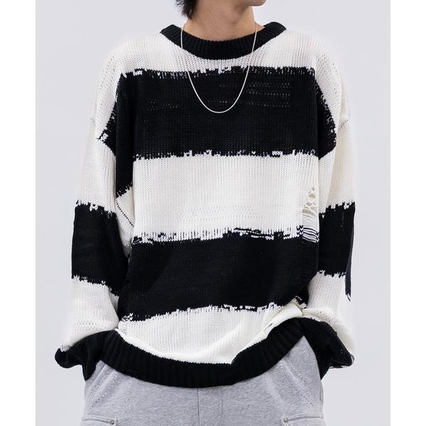 『タイムセール実施中』ZOZO問い合わせ番号:98760994ショップ:JOHN'S CLOSET，ジョンズクローゼットブランド:JOHN'S CLOSET，ジョンズクローゼット商品名:【13】ダメージデザイン ボーダー クルーネックニット...