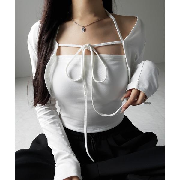 『タイムセール実施中』ZOZO問い合わせ番号:98909317ショップ:me+em select，ミームセレクトブランド:me+em select，ミームセレクト商品名:【 ２点セット 】フロントリボン長袖ショートカーディガン＋ ホルターキ...