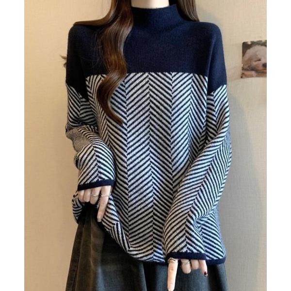 『タイムセール実施中』ZOZO問い合わせ番号:98946266ショップ:TeddyShop，テディショップブランド:DAY CLOSET，デイ クローゼット商品名:レディース 長袖バイカラー配色ヘリンボーンクラシカルジャガードニットトップス...