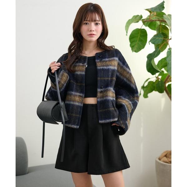 ZOZO問い合わせ番号:98979792ショップ:LAULEN，ローレンブランド:LAULEN，ローレン商品名:cotton wool check collarless coat /コットンウールノーカラーチェックショートコートカテゴリ:ジ...