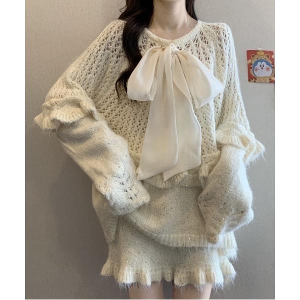 『セール実施中』ZOZO問い合わせ番号:99113483ショップ:DIAVEL，ディアベルブランド:ViViDAY，ビビデー，DIAVEL，ディアベル，SHEENA，シーナ商品名:【上下2点セット】フロントリボン　キラキラニットプルオーバー...