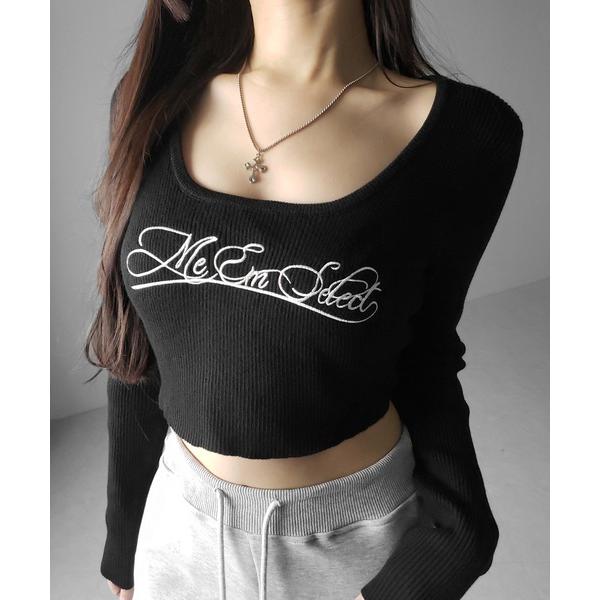 ZOZO問い合わせ番号:99454453ショップ:me+em select，ミームセレクトブランド:me+em select，ミームセレクト商品名:【 ３color 】 レタリングロゴ刺繍スクエアネックショートリブニットトップス ／ let...