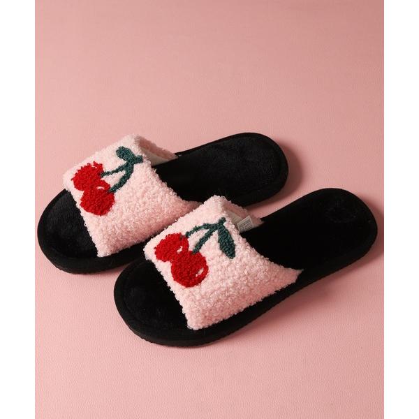 ZOZO問い合わせ番号:99662002ショップ:Lace Ladies，レースレディースブランド:Lace Ladies，レースレディース商品名:配色 チェリー柄 オープントゥ ボア スリッパカテゴリ:インテリア>ルームシューズ/ス...
