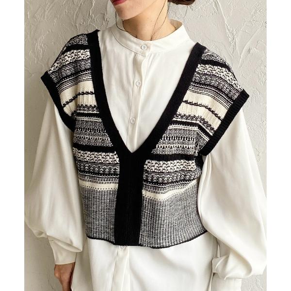 『セール実施中』ZOZO問い合わせ番号:99859508ショップ:wears，ウェアーズブランド:She's Closet，シーズクローゼット商品名:深Vネック配色ジャガード柄ショートニットベストカテゴリ:トップス>ベストブランド品番...