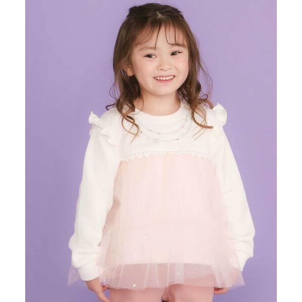 『タイムセール実施中』ZOZO問い合わせ番号:99931573ショップ:BEBE ONLINE STORE，ベベ オンラインストアブランド:SLAP SLIP，スラップスリップ商品名:ネックレス風刺しゅうチュール切り替え肩フリルトレーナー(...